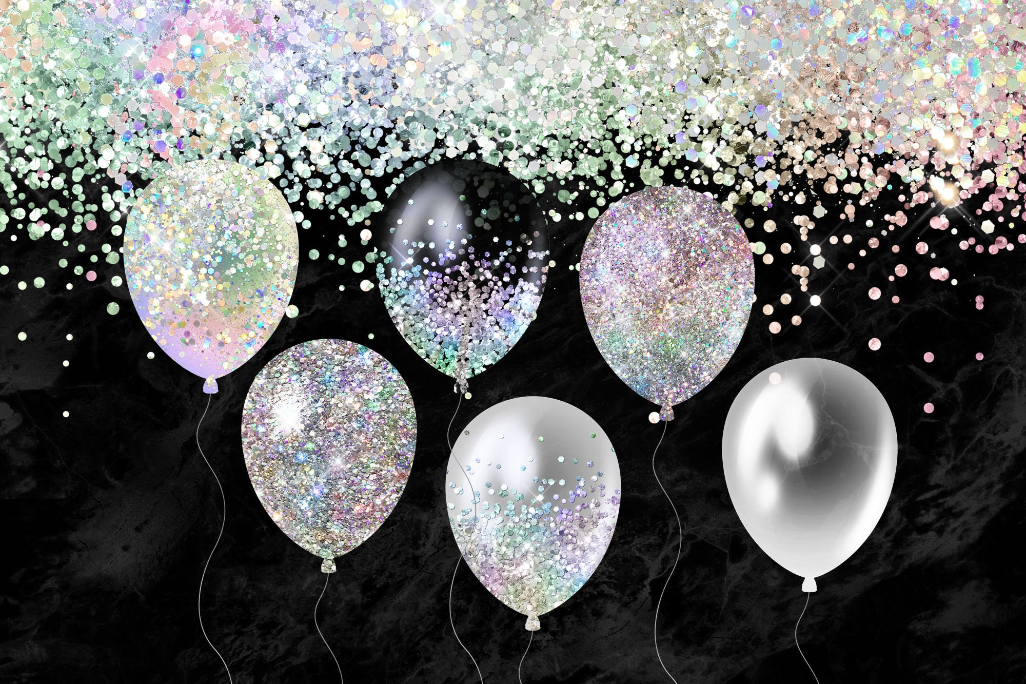 Holographic Glitter Balloons Clipart – Rainbow Party Graphics (digital ...