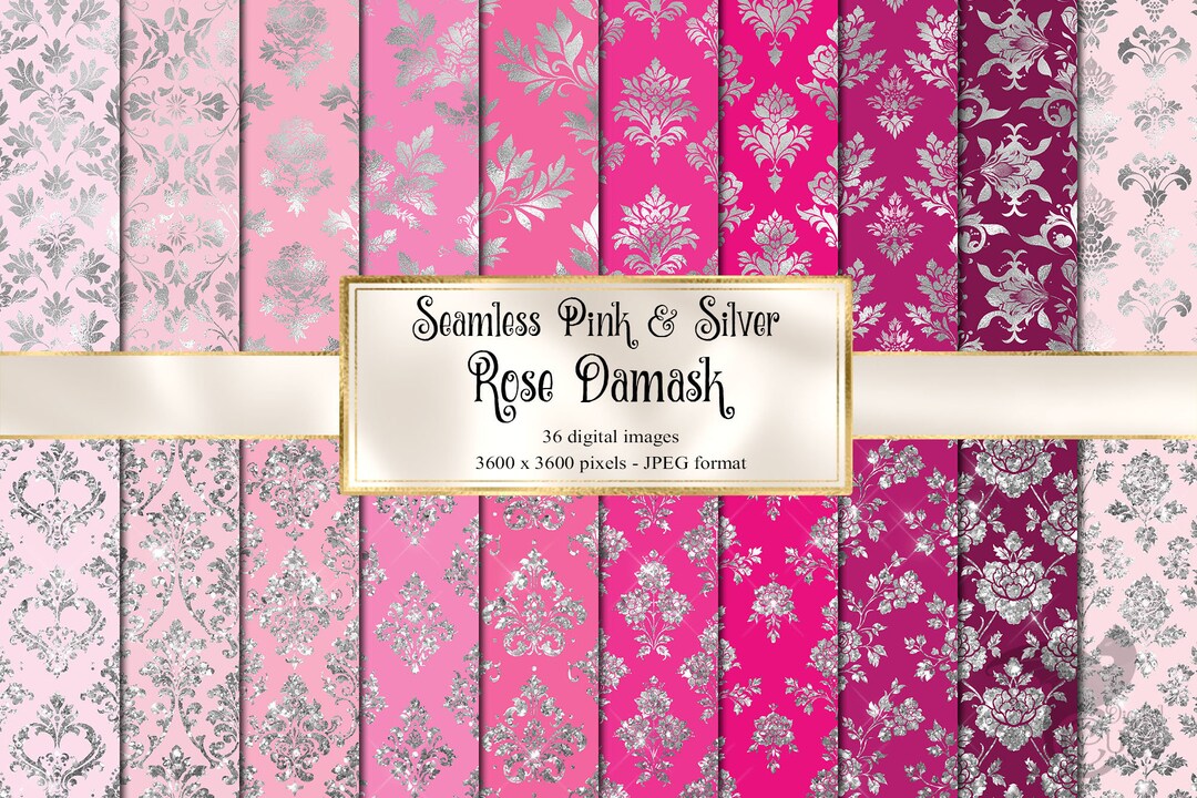 Pink and Silver Rose Damask Digital Paper - Seamless Textures (digital ...