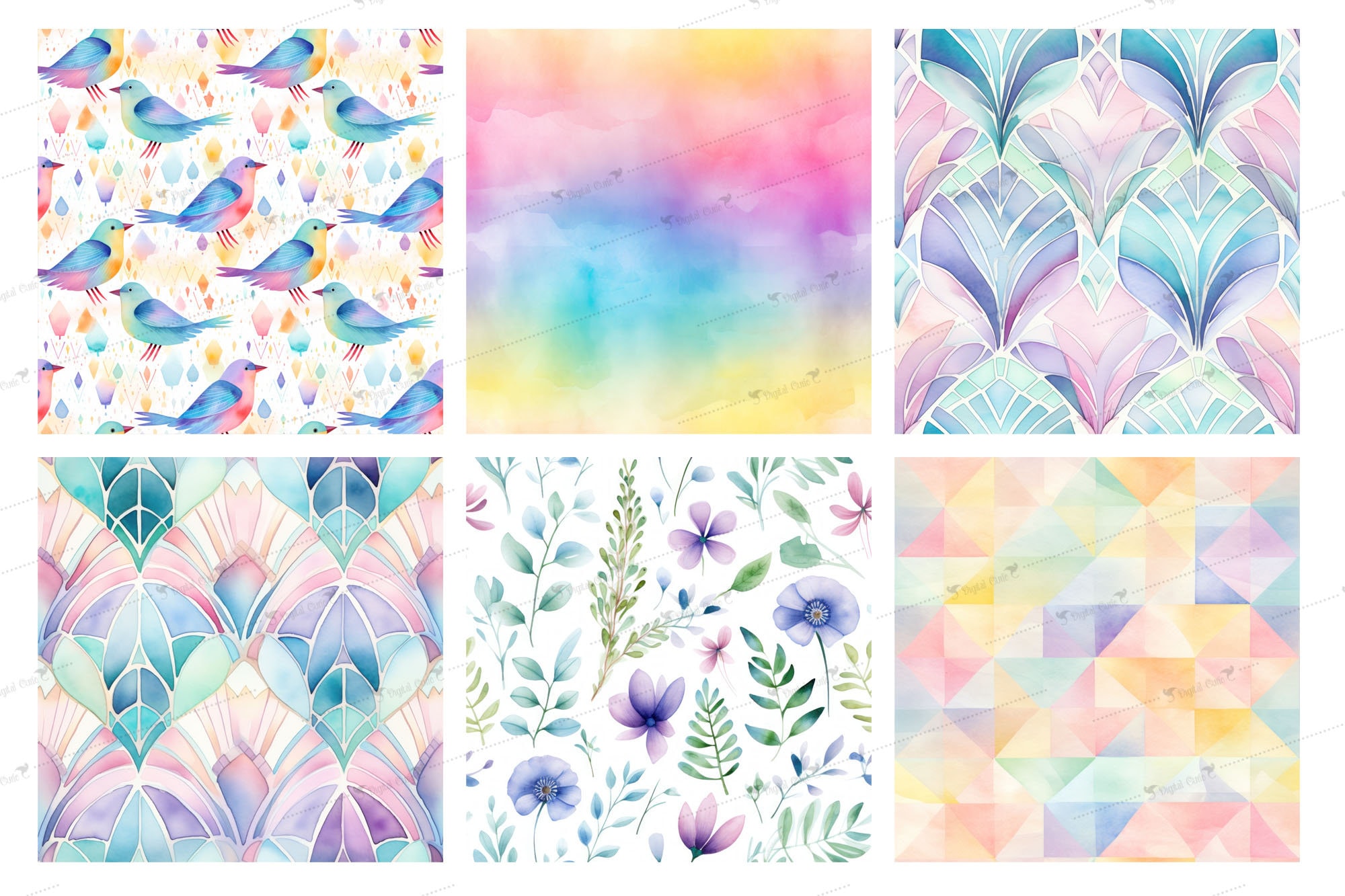Watercolor Rainbow Patterns, Pastel Digital Paper, Scrapbook Textures ...