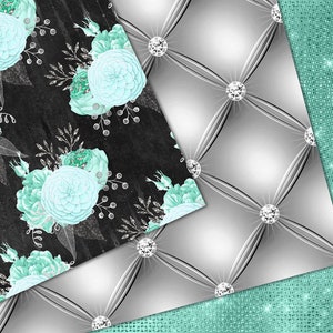 Aqua and Silver Floral Digital Paper, Seamless Turquoise Rose Printable ...