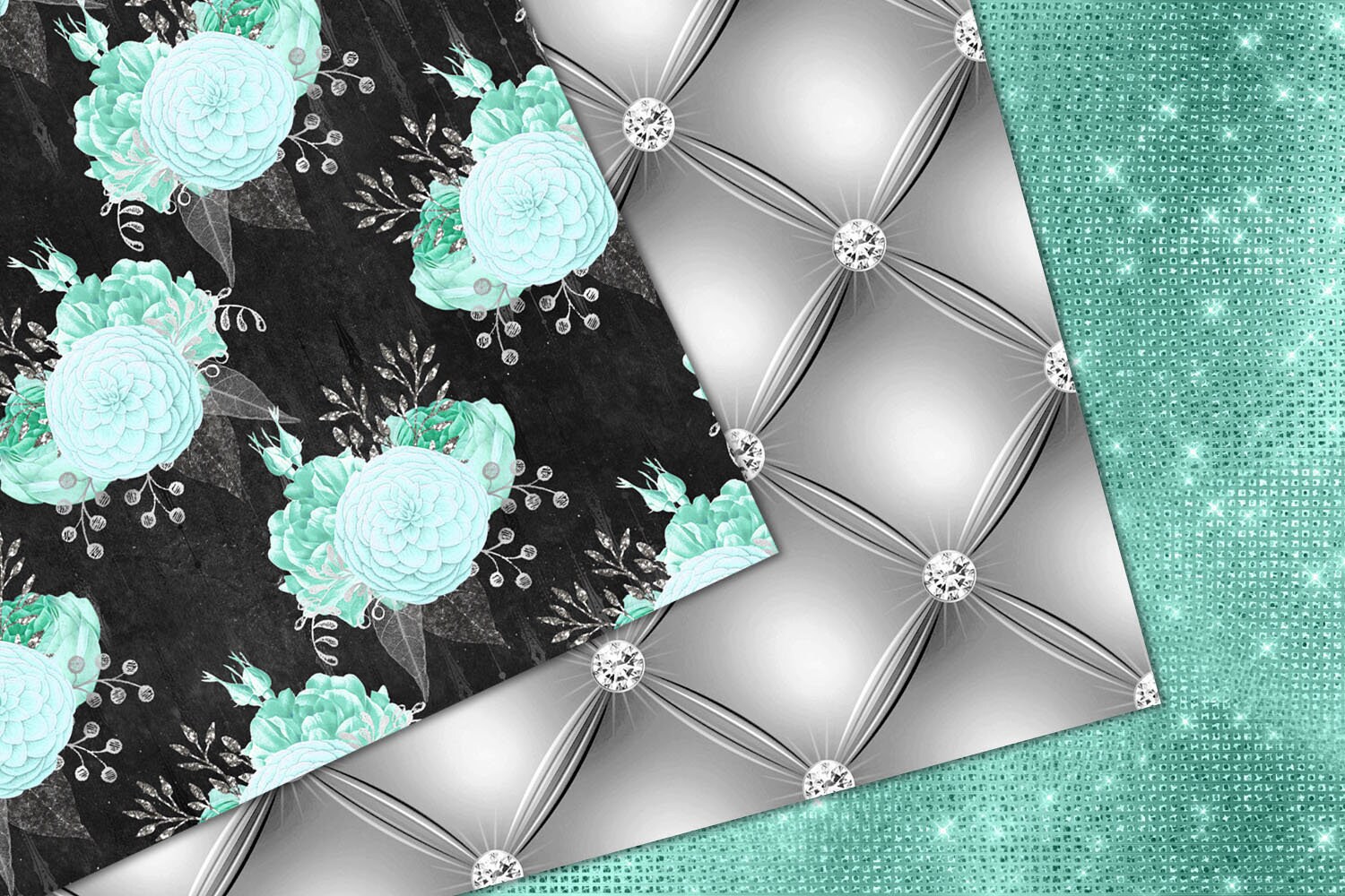 Aqua and Silver Floral Digital Paper Seamless Turquoise Rose - Etsy