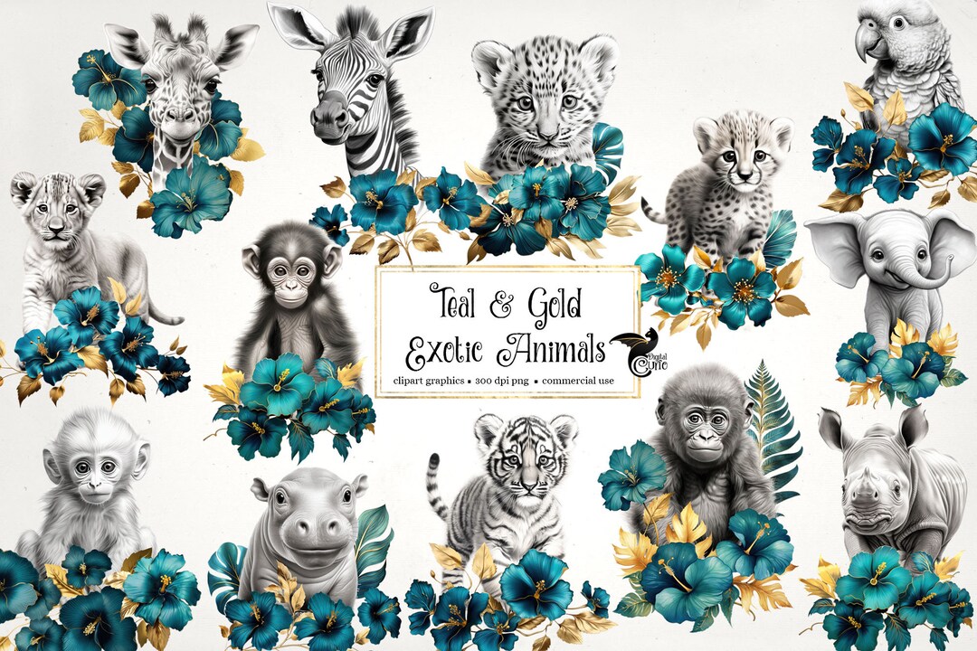 Teal and Gold Exotic Animals Clipart - Cute Baby Safari Animals With ...