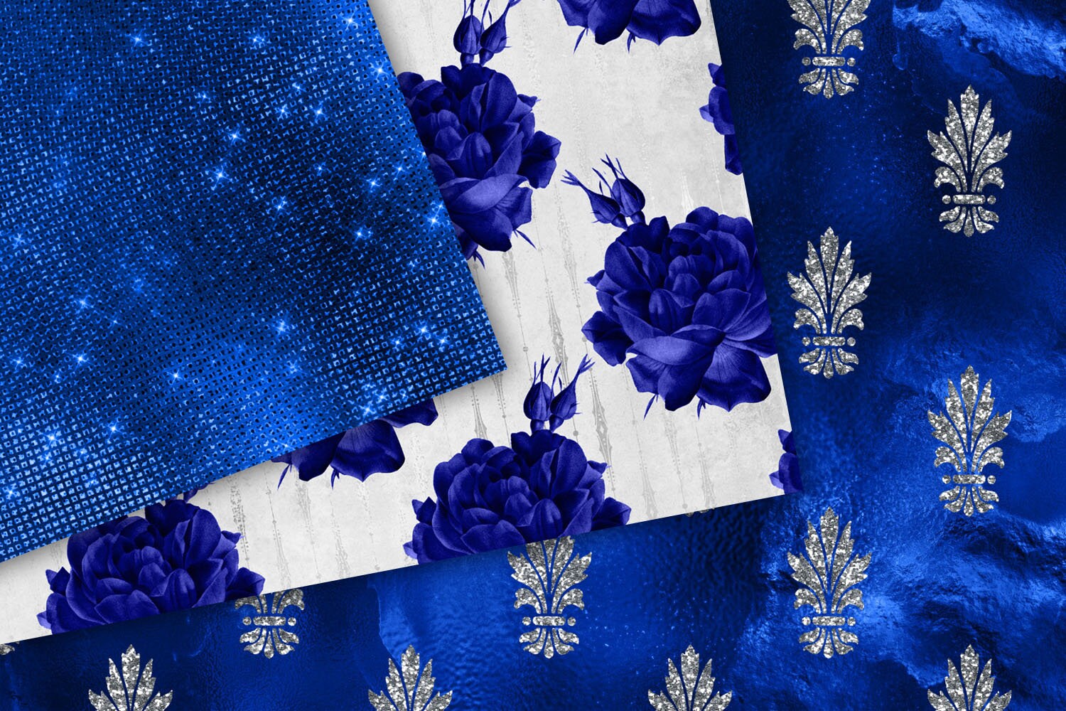 Royal Blue and Silver Floral Digital Paper Seamless Blue Rose - Etsy