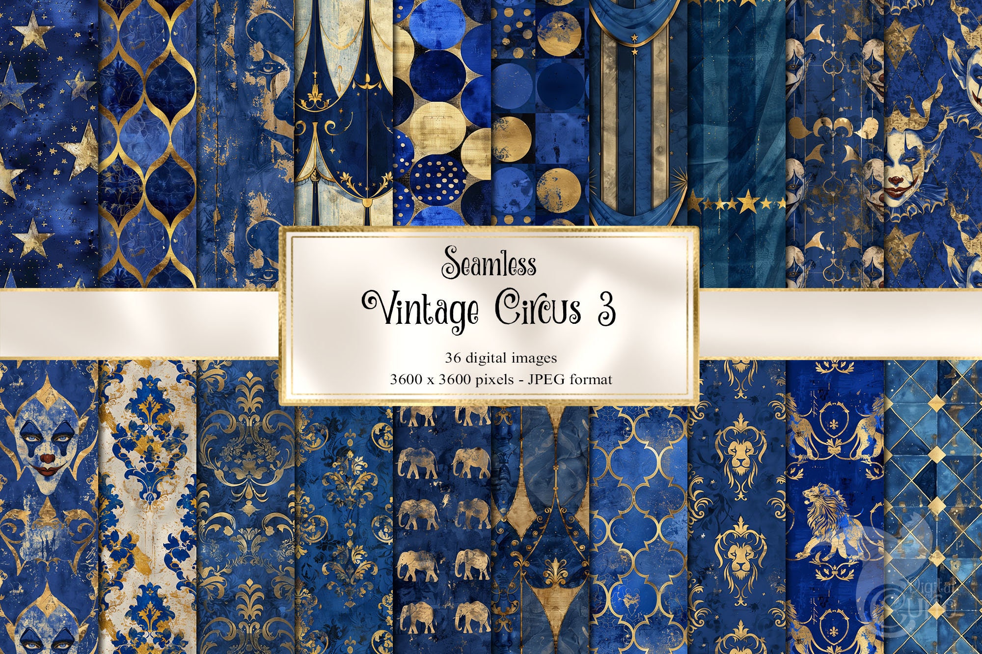 Vintage Circus Digital Paper, Blue and Gold Textures (digital Download ...