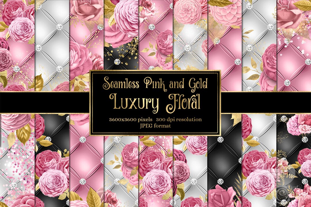 Pink and Gold Luxury Floral Digital Paper - Seamless Tufted Diamond ...