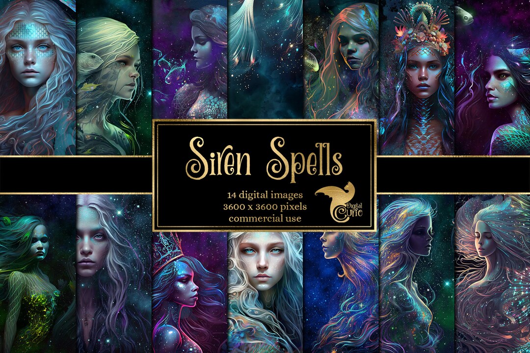 Siren Spells Digital Paper - Celestial Mermaid Fantasy Ocean Grunge ...