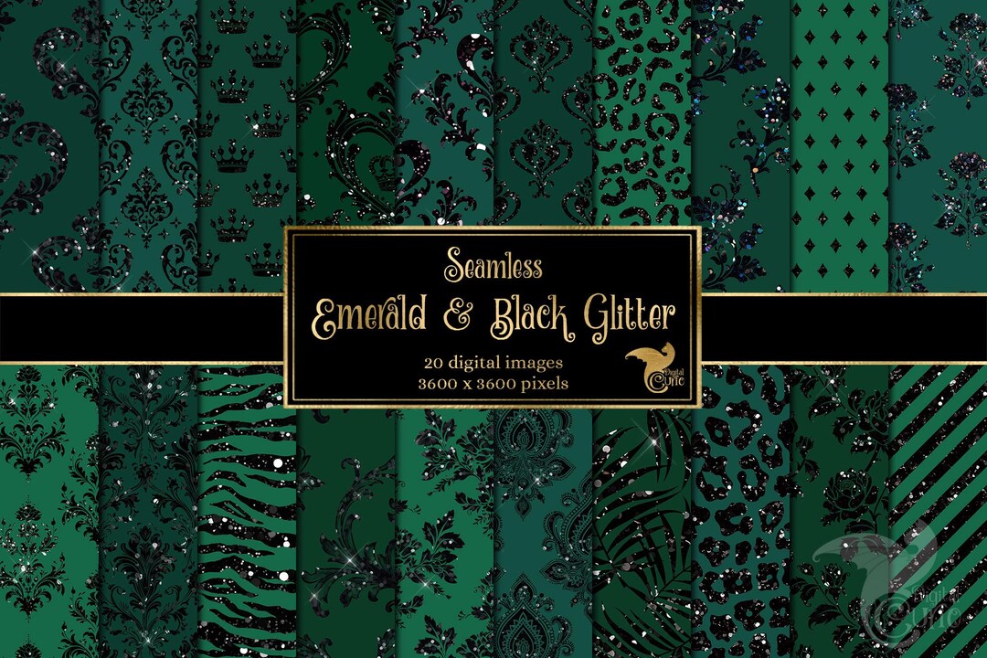 Emerald and Black Glitter Paper, Damask Scrapbook Patterns (digital ...