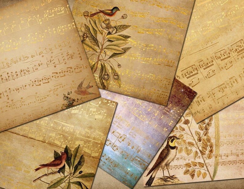 Gold Songbird Digital Paper, Vintage Sheet Music, Scrapbook (digital ...