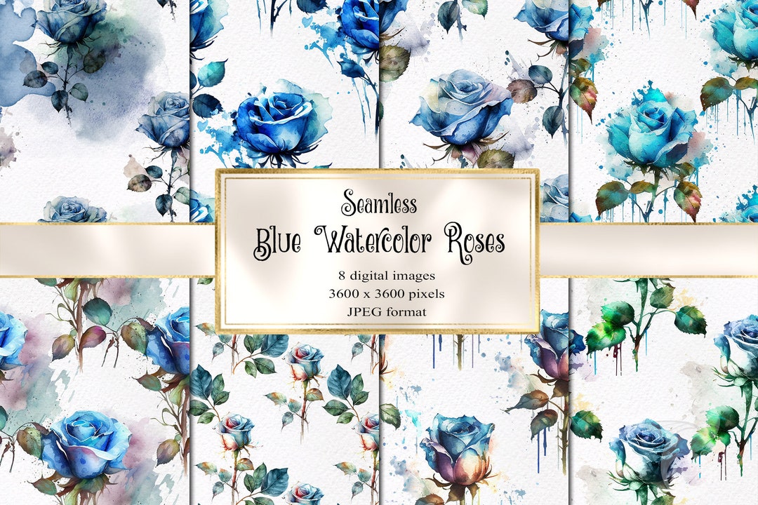 Blue Watercolor Roses Digital Paper, Seamless Textures With Rose ...