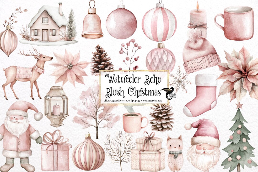 Watercolor Christmas Clipart – Blush Pink Boho Winter Graphics (PNG ...