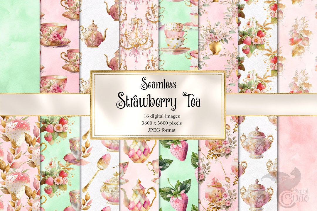 Strawberry Tea Digital Paper - Seamless Tea Party Watercolor Printable ...