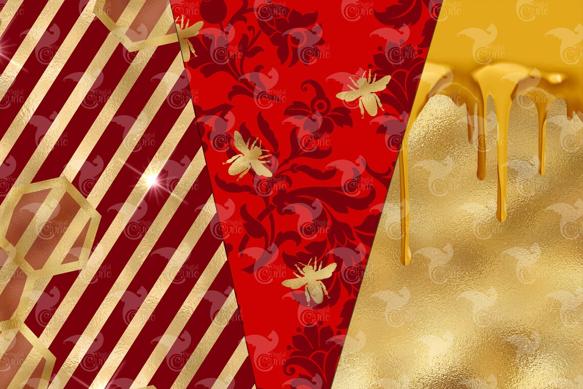 Red and Gold Honey Bee Digital Paper Seamless Patterns Honey | Etsy