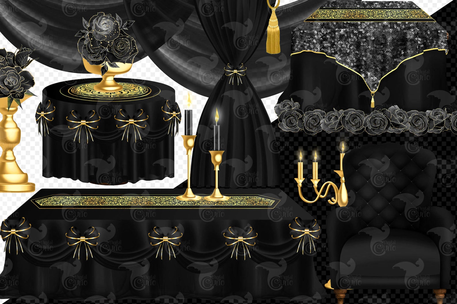 Black and Gold Tables Clipart Digital Wedding Banquet Scene - Etsy