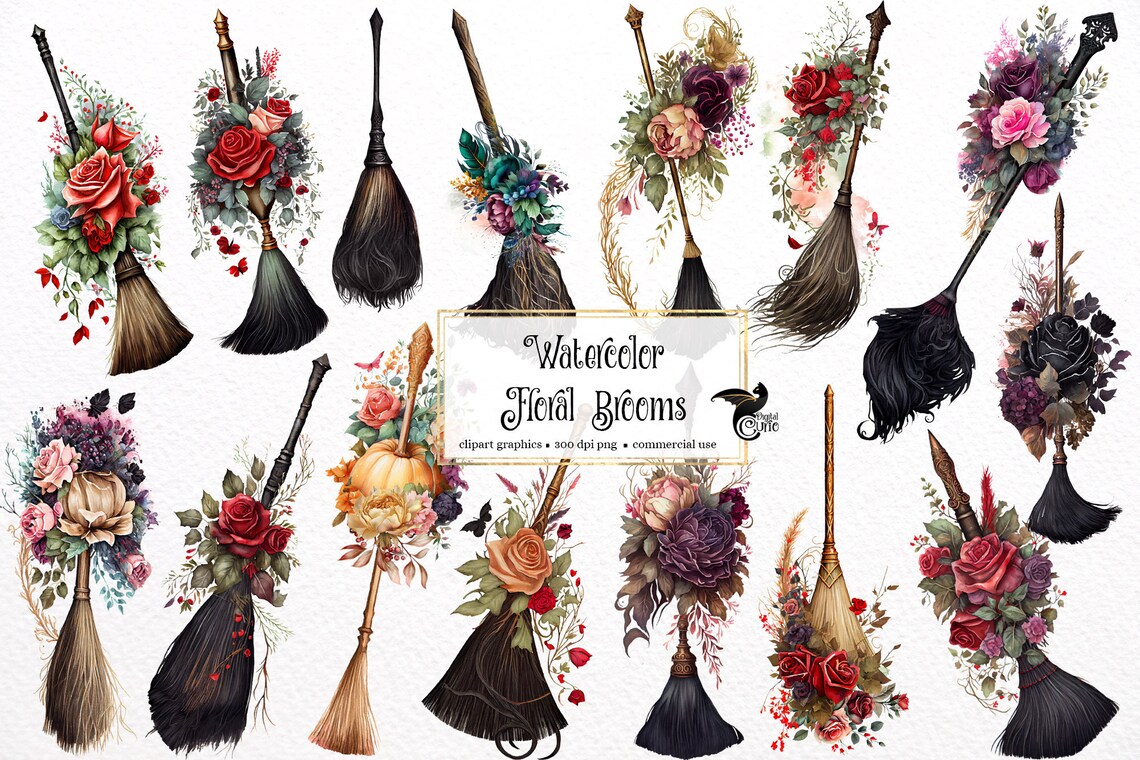 Watercolor Floral Brooms Clipart – Cottagecore Witch PNG (digital ...