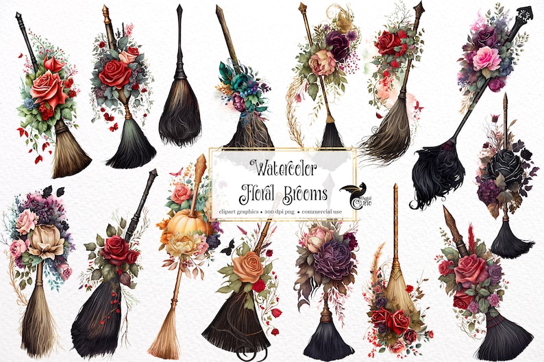 Watercolor Floral Brooms Clipart Halloween Cottagecore Witch - Etsy