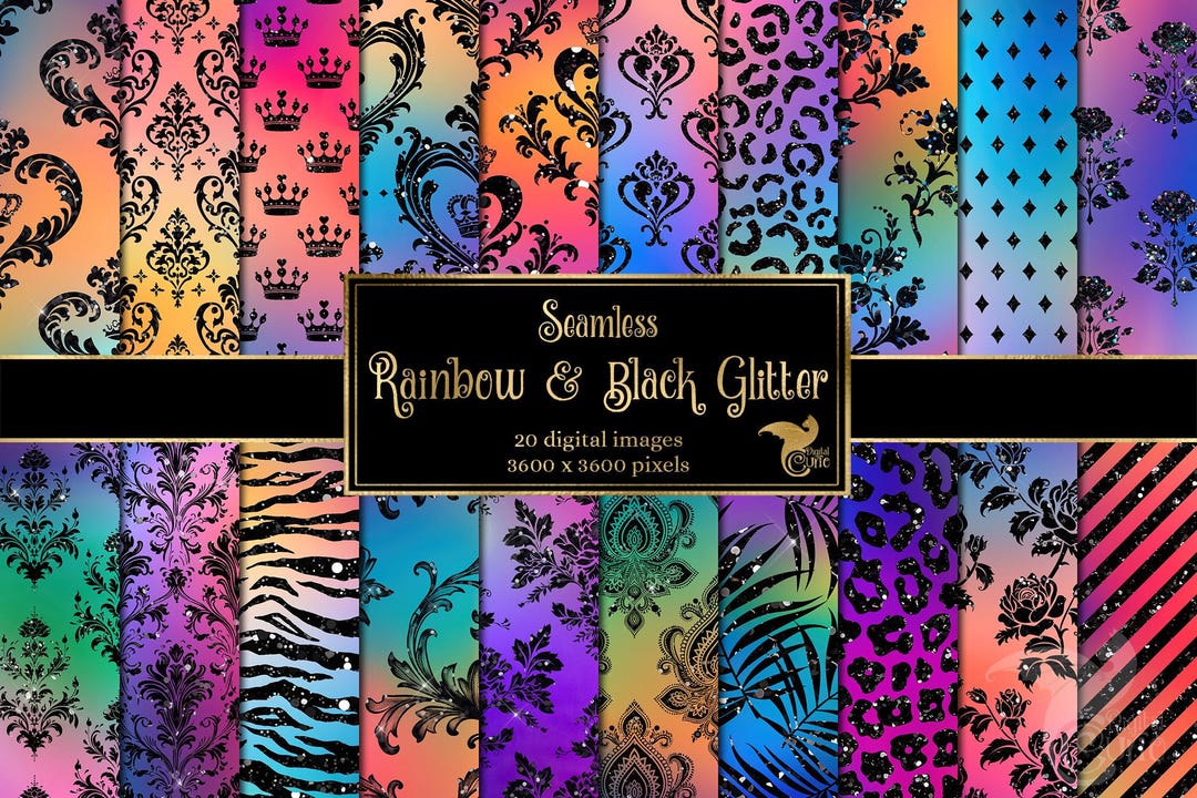Rainbow Glitter Digital Paper, Damask & Royal Patterns (digital ...