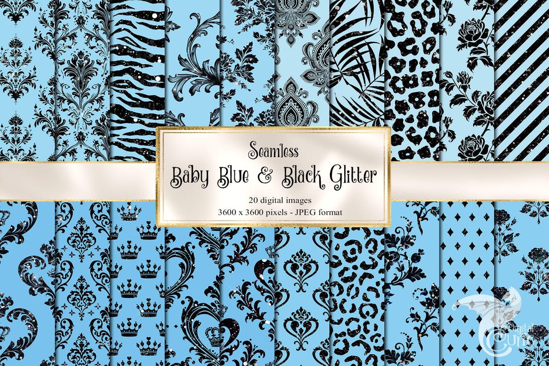 Baby Blue Glitter Digital Paper, Black Damask, Seamless (digital ...