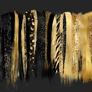 Black and Gold Brush Strokes Clipart, With Black Glitter and Gold Foil ...