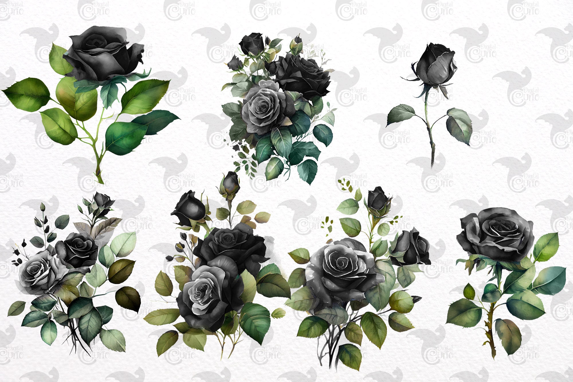 Watercolor Black Roses Clipart Gothic Roses and Leaves in - Etsy UK