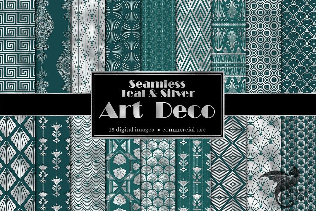 Teal and Silver Art Deco Digital Paper, Seamless Deco Patterns in ...