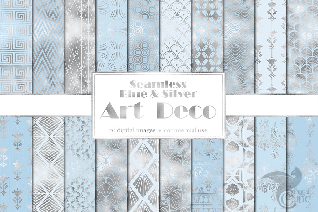 Blue and Silver Art Deco Digital Paper, Seamless Deco Patterns in ...
