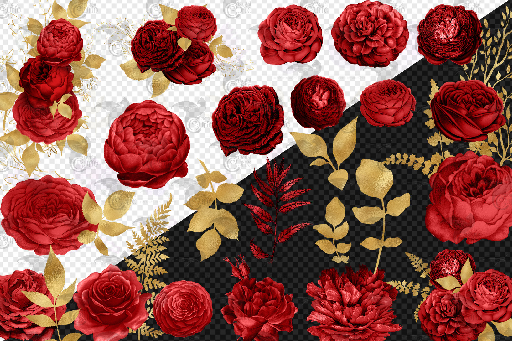 Red and Gold Roses Clipart – Floral Bouquet Graphics (PNG) - Etsy