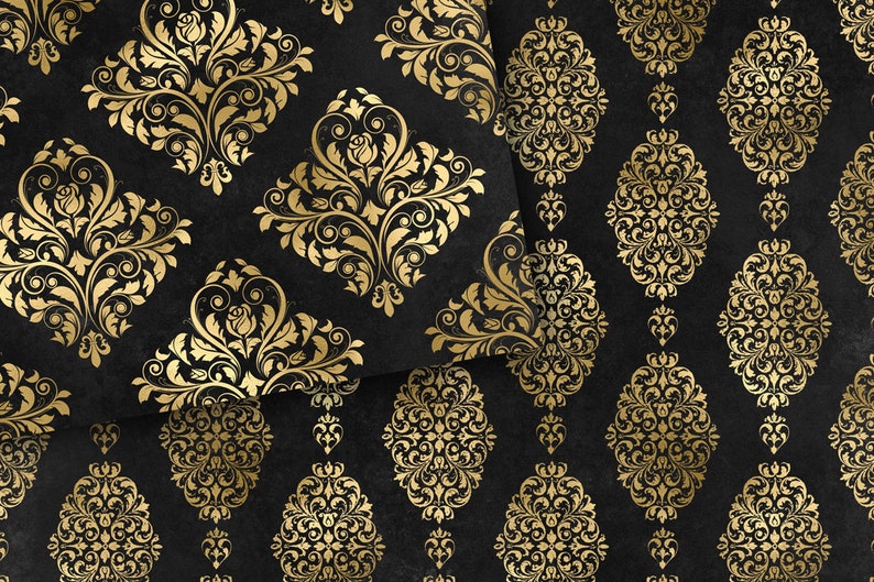 Black and Gold Damask Digital Paper Seamless Damask Patterns - Etsy