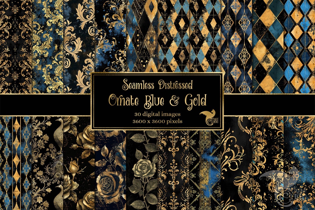 Distressed Ornate Blue and Gold Digital Paper - Seamless Printable ...
