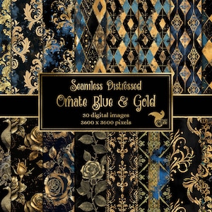 Distressed Ornate Blue and Gold Digital Paper Seamless Printable ...