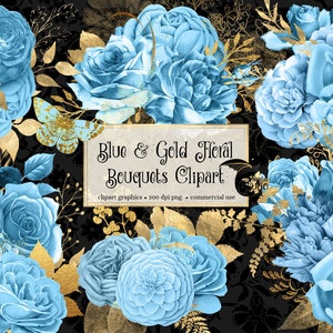 Blue and Gold Floral Clip Art, Digital Instant Download Painted ...