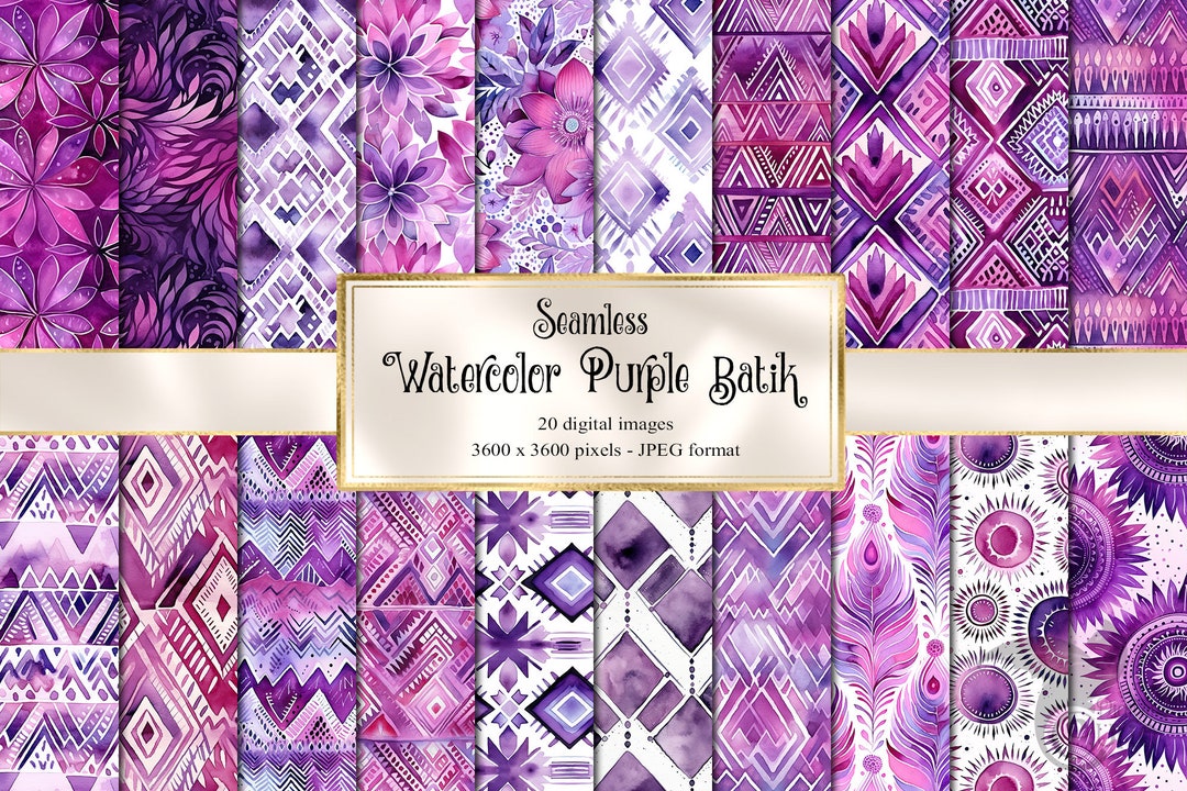 Watercolor Purple Batik Digital Paper, Seamless Tribal Printable ...