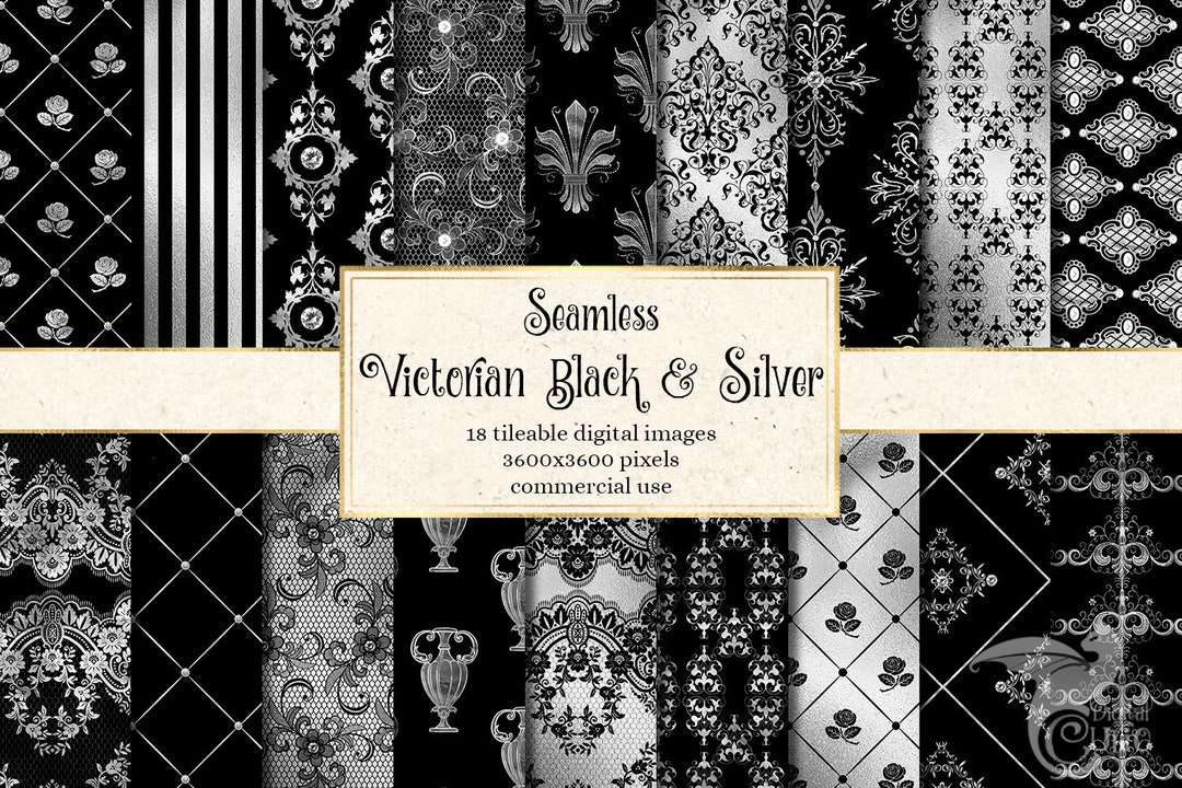 Victorian Black and Silver Digital Paper, Ornate Seamless Patterns With ...