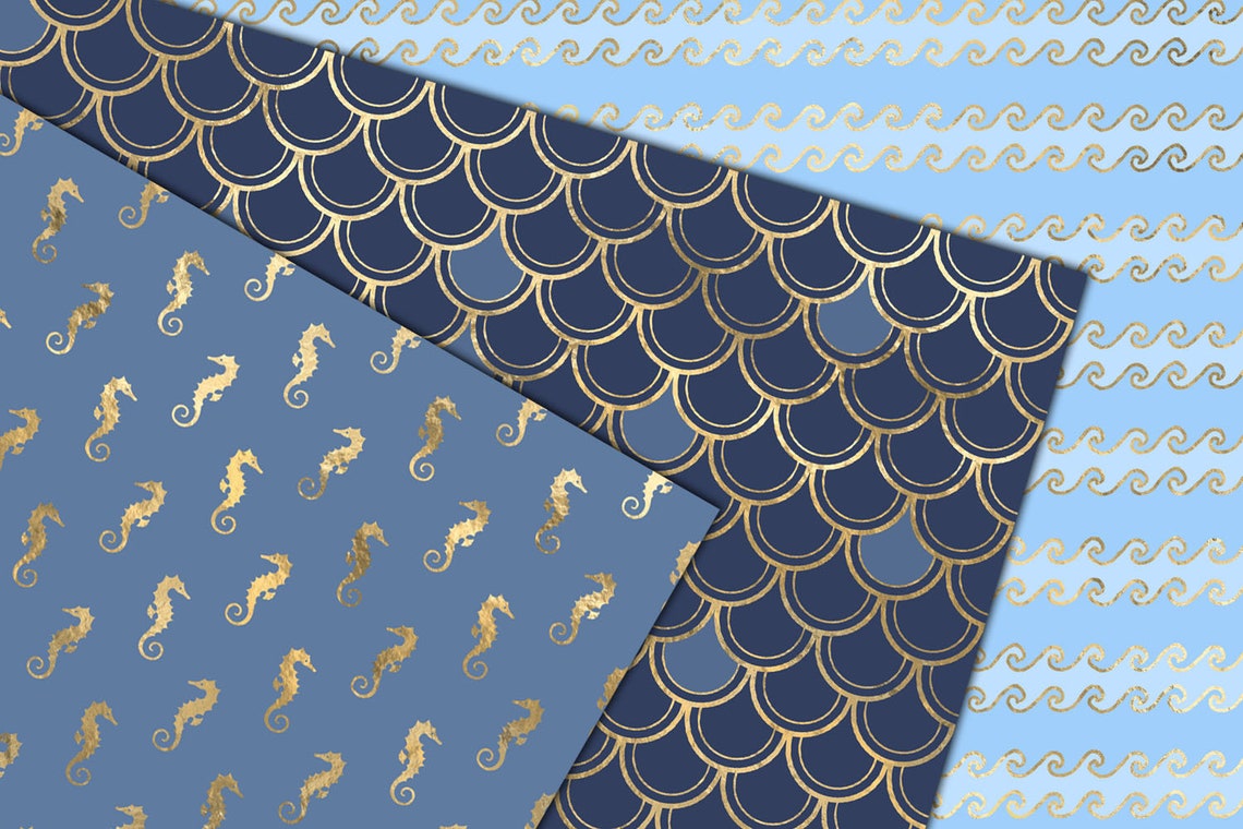 Blue and Gold Mermaid Digital Paper Seamless Gold Mermaid - Etsy