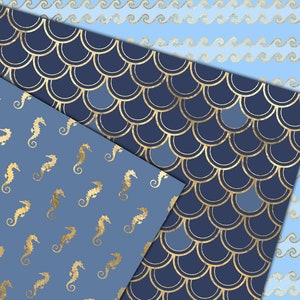 Blue and Gold Mermaid Digital Paper, Seamless Tileable Patterns ...