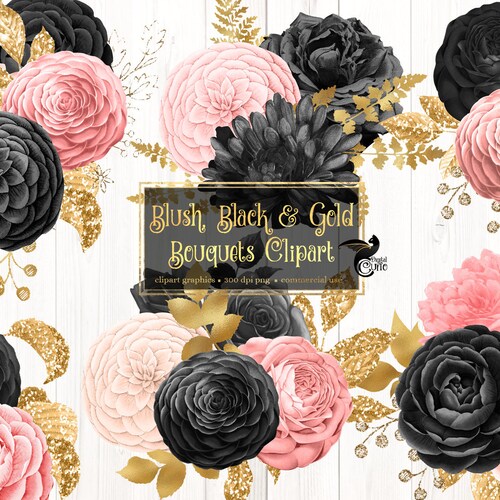 Hot Pink and Gold Floral Bouquets Clipart Digital Instant - Etsy