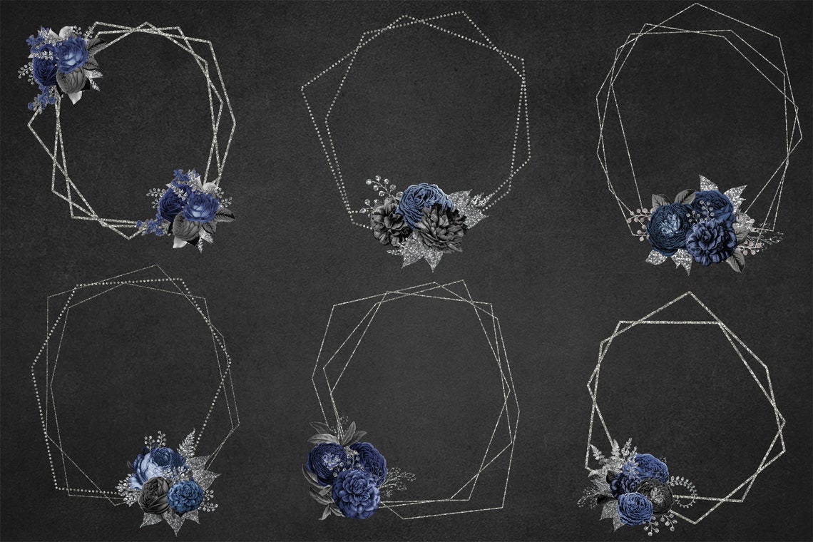 Navy and Silver Geometric Frames Clipart Silver Glitter | Etsy