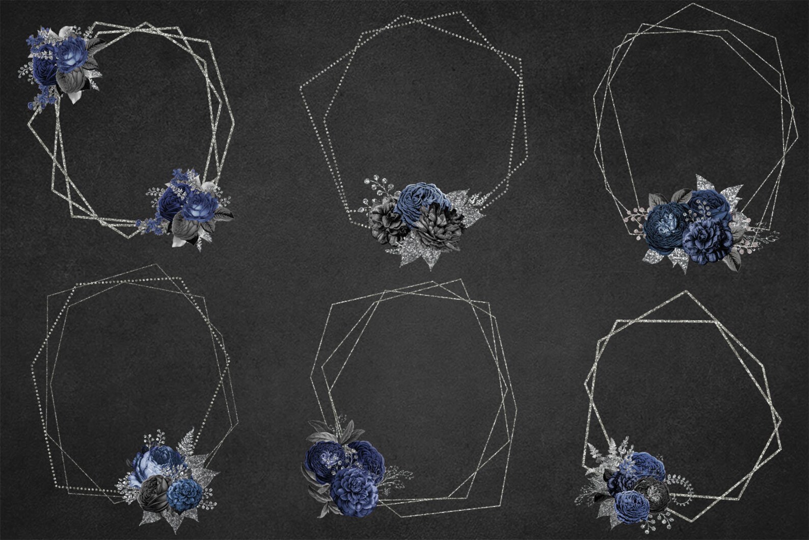 Navy and Silver Geometric Frames Clipart Silver Glitter | Etsy