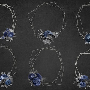 Navy and Silver Geometric Frames Clipart, Silver Glitter Polygonal ...