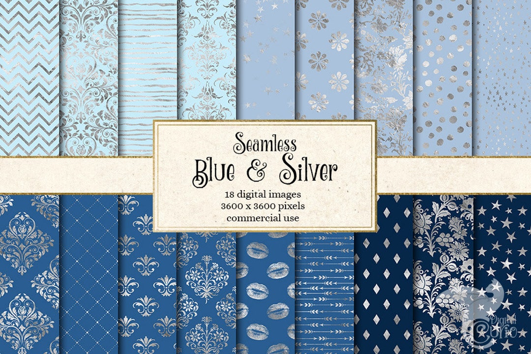Blue and Silver Digital Paper, Seamless Silver Foil Scrapbook Paper ...