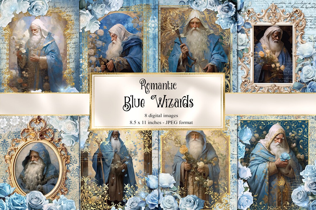 Romantic Blue Wizards Journal Paper, Notebook Digital Paper Rococo Junk ...
