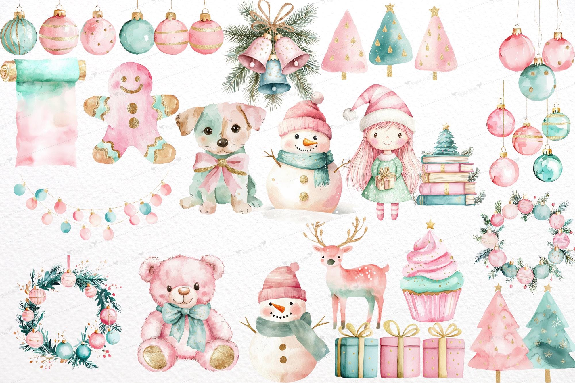 Watercolor Christmas Clipart – Blush Pink, Mint, and Gold (93 PNG) - Etsy