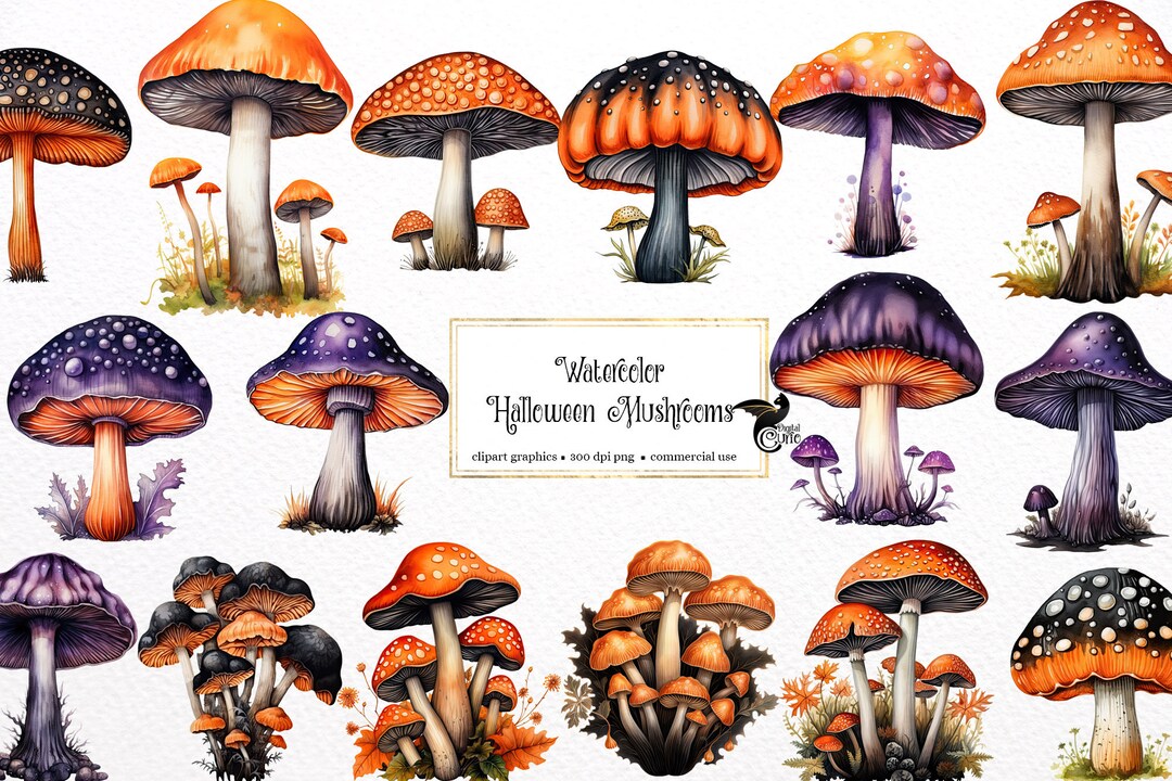 Watercolor Halloween Mushrooms Clipart - Clip Art in PNG Format Instant ...