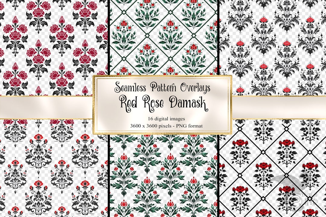 Red Rose Damask Pattern Overlays, Seamless Patterns in PNG Format With ...