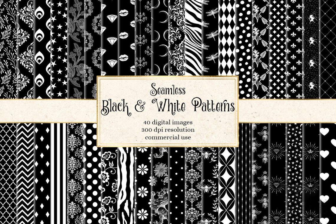 Black and White Digital Paper, Seamless Patterns Printable Scrapbook ...