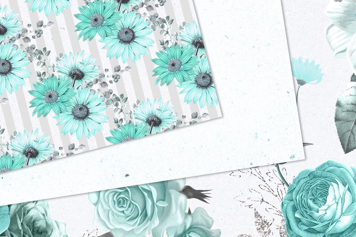 Turquoise Floral Digital Paper Seamless Backgrounds With Aqua - Etsy