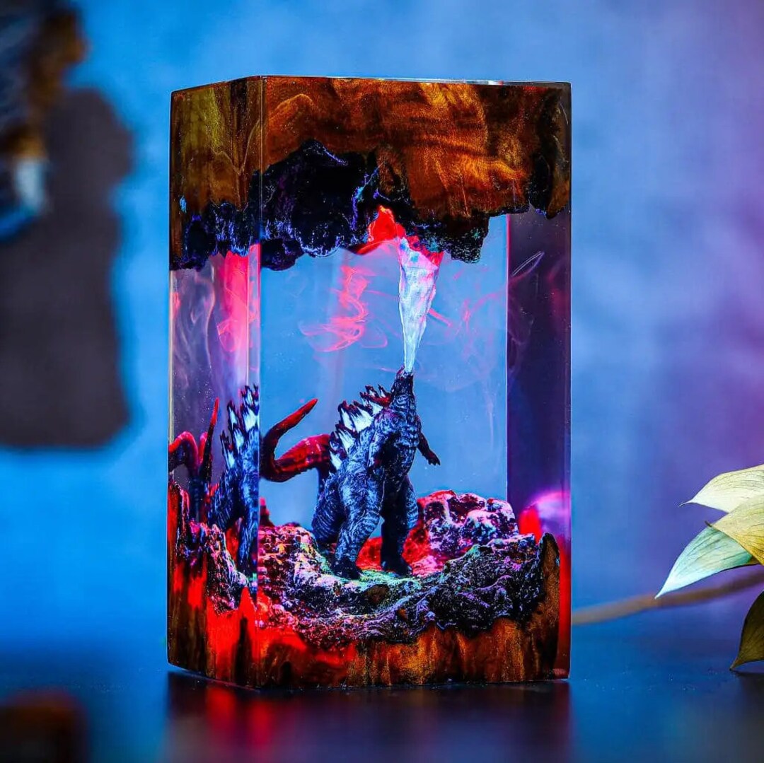 GODZILLA Monster Epoxy Resin Wood Lamp Night Light Unique Her Him Mom ...
