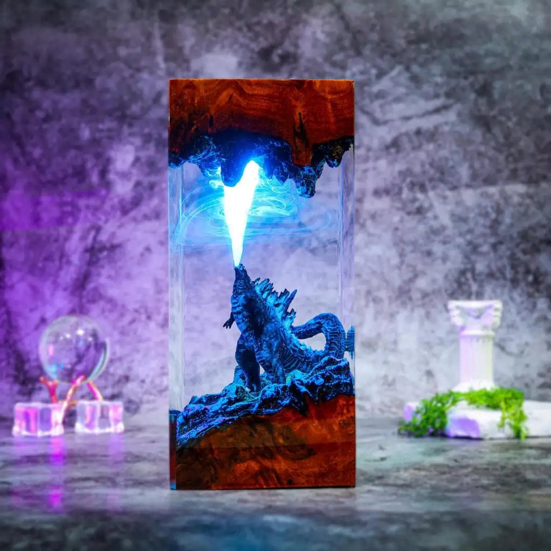 GODZILLA Monster Epoxy Resin Wood Lamp Night Light Unique Her Him Mom ...