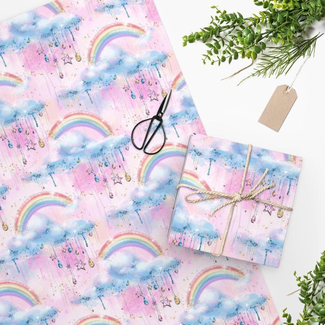 Floral Rainbow Wrapping Paper, Pink Clouds Stars Retro Gift Wrap - Etsy