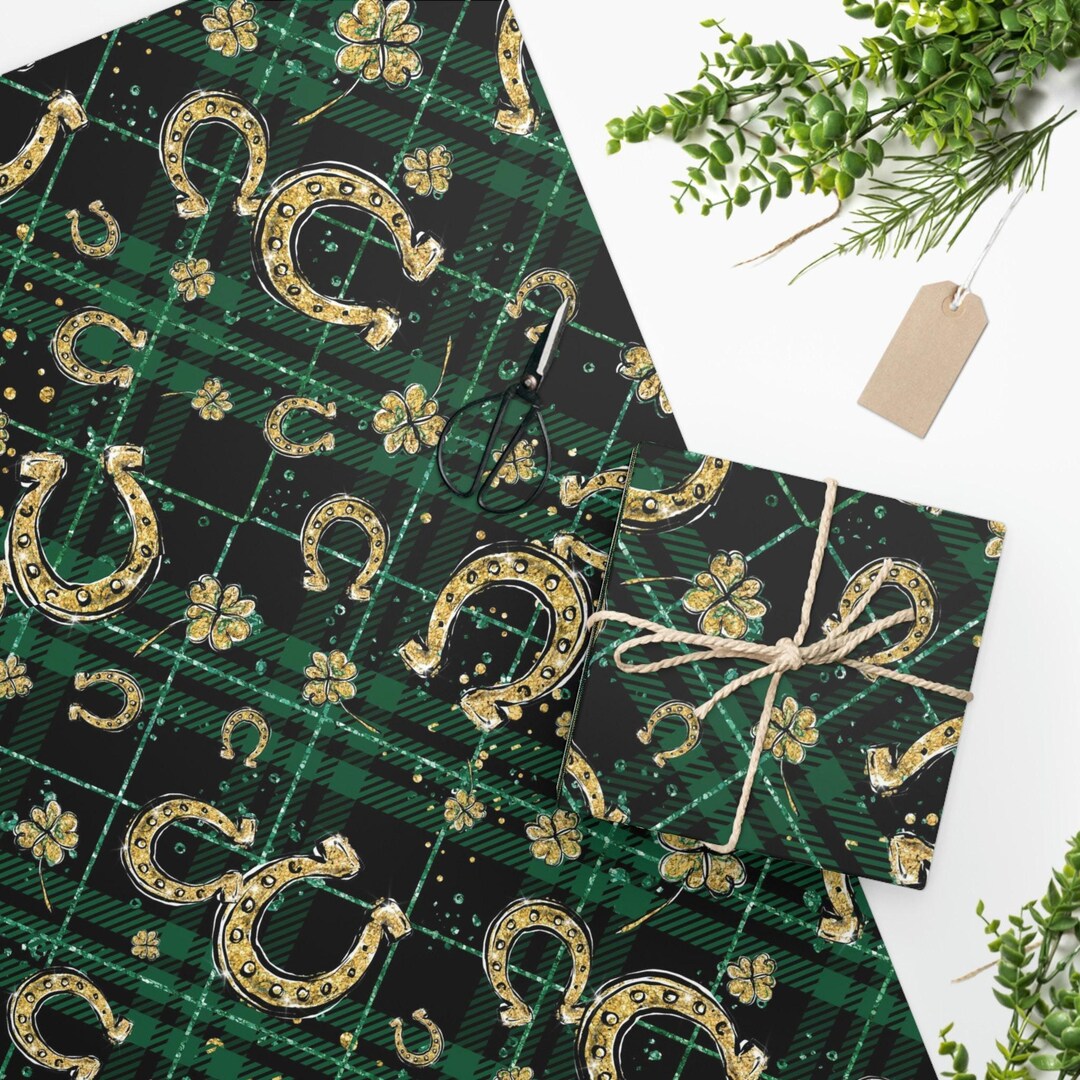 St Patricks Day Wrapping Paper Irish Lucky Horseshoe Green Gold Gift ...