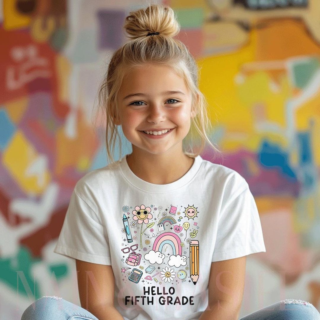 Girls Fifth Grade Shirt, Hello 5th Grade Shirt Doodles Rainbow Pencil ...